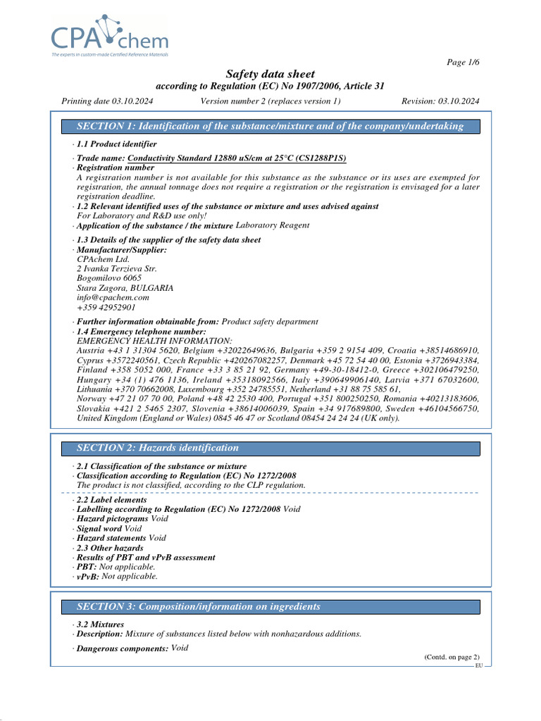 Conductivity Standard Safety Data Sheet | PDF | Dangerous Goods | Chemistry