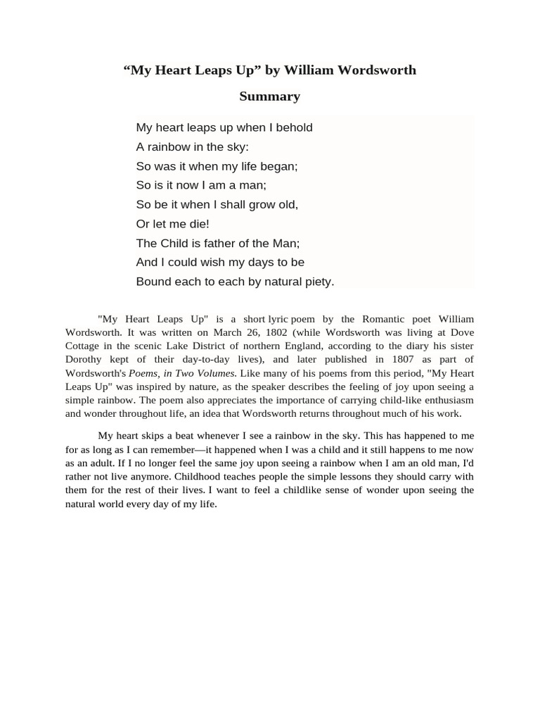 My Heart Leaps Up William Wordsworth Summary | PDF