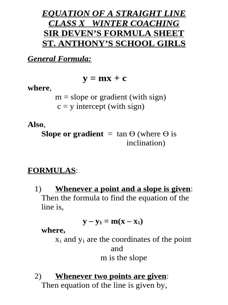 EQUATION OF A STRAIGHT LINE | PDF | Slope | Mathematical Concepts