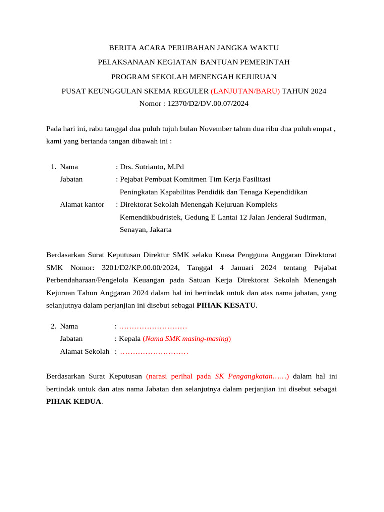 Format BA Perubahan Jangka Waktu SMK PK Reguler 2024 | PDF