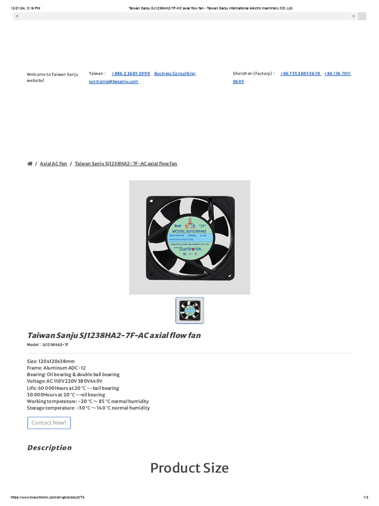 Item No 9. Taiwan Sanju SJ1238HA2-7F-AC Axial Flow Fan - Taiwan Sanju ...
