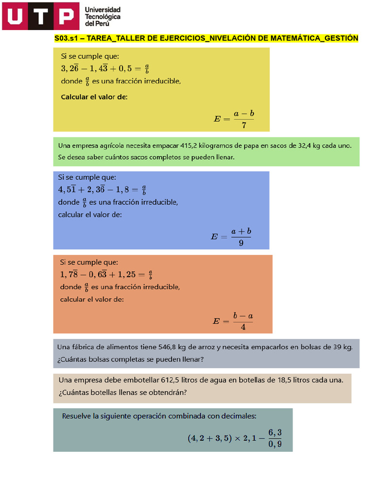 S03 - s1 - TAREA - TALLER DE EJERCICIOS - NIVELACIÓN DE MATEMÁTICA PARA GESTIÓN | PDF