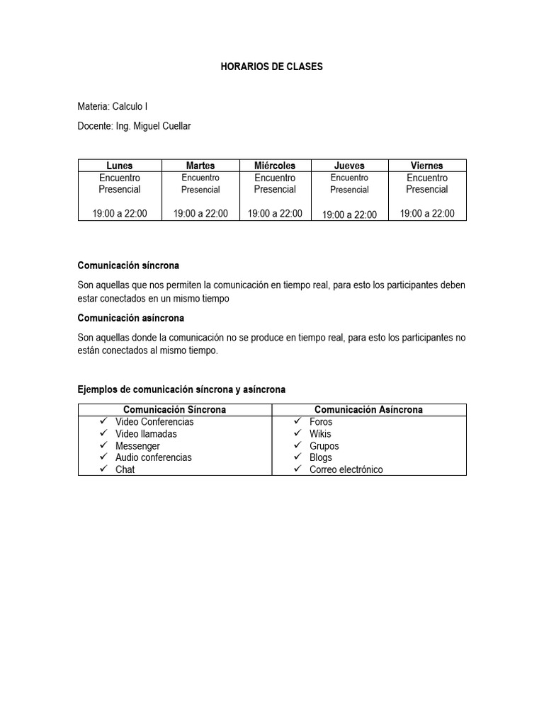 Horarios Clases Cálculo I y Comunicación | PDF