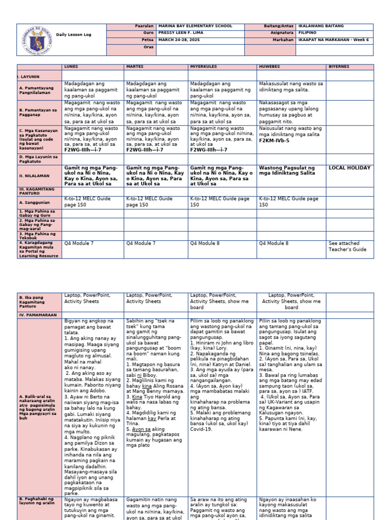 Q4-WEEK6-DLL-FILIPINO 2 | PDF