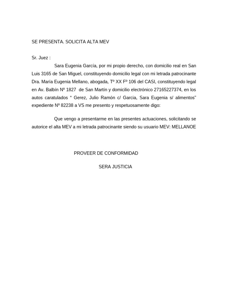 Se Presenta. Solicita Alta Mev Garcia Sara | PDF