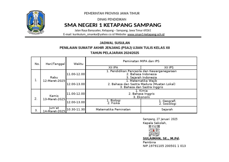 Jadwal Susulan Psaj Ujian Tulis Kelas Xii 2025 Pelaksanaan | PDF