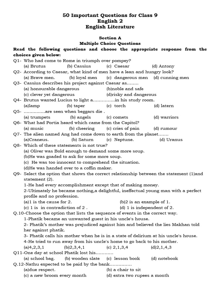 Class 9 English Important Questions | PDF