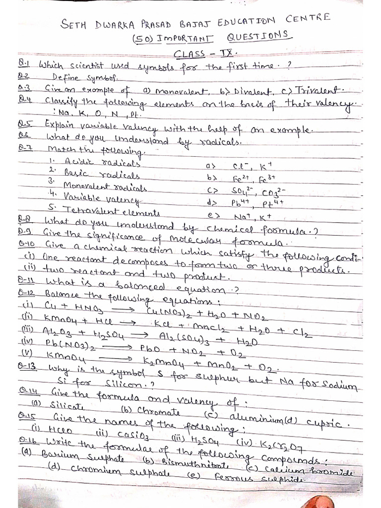 Class 9th Chemistry 50 Important Questions | PDF