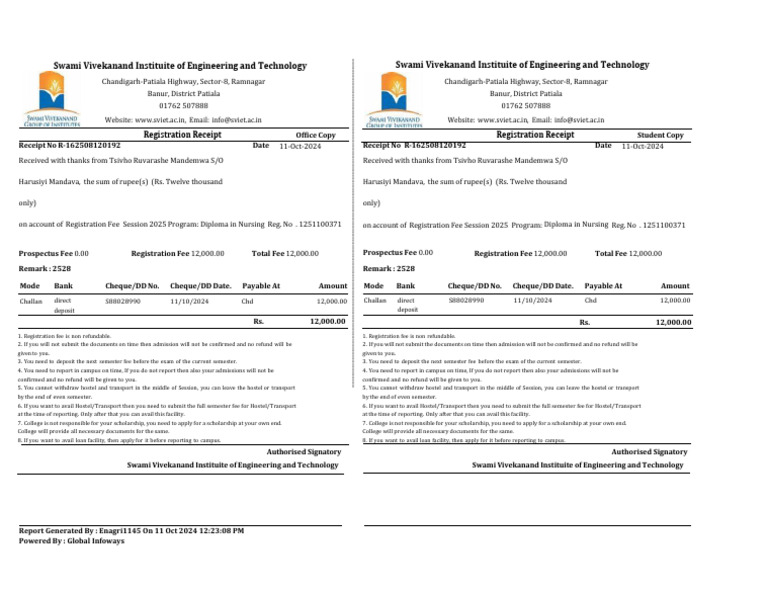 Reg. Fees Receipt in Rupees Mandemwa Tsivho R | PDF