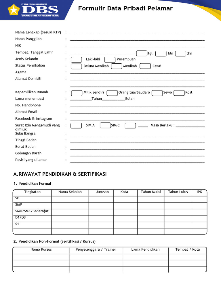 Formulir Data Pelamar Kerja DBs | PDF