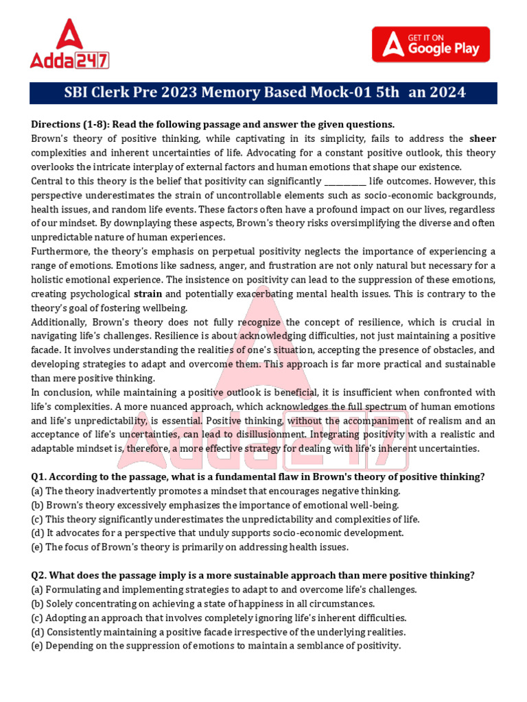 SBI Clerk Pre Memory Based Paper Mock 01 5 Jan 2024 466872 | PDF ...