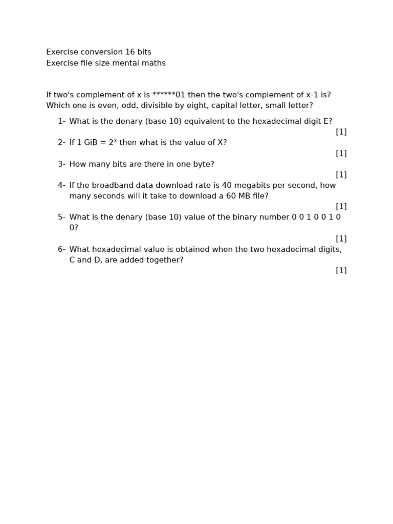 16-Bit Exercise and Mental Maths Quiz | PDF