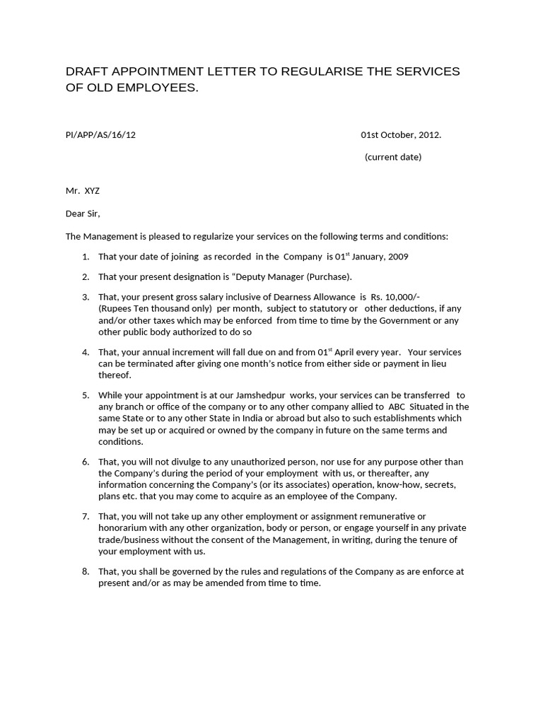 Appointment Letter for Employee Regularization | PDF | Equity (Law ...