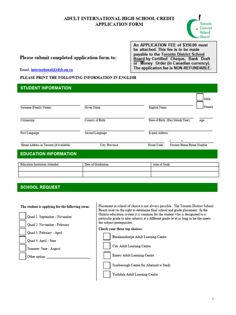 Adult International High School CreditApplication Form | PDF | Cheque ...