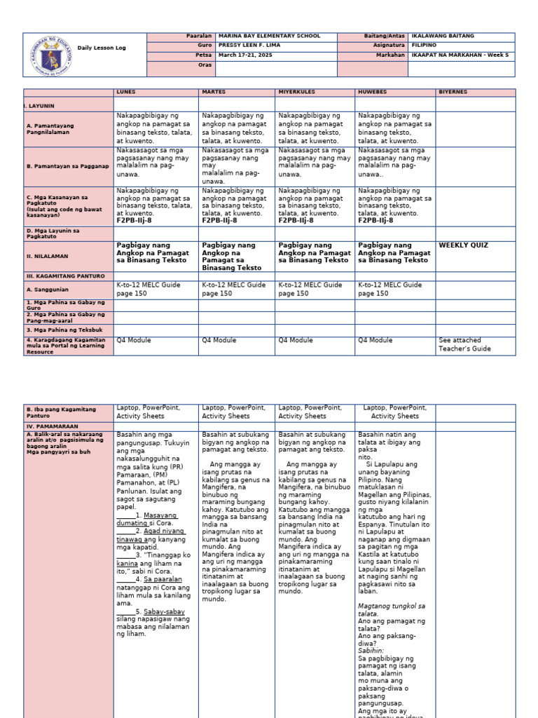 Q4-WEEK5-DLL-FILIPINO 2 | PDF