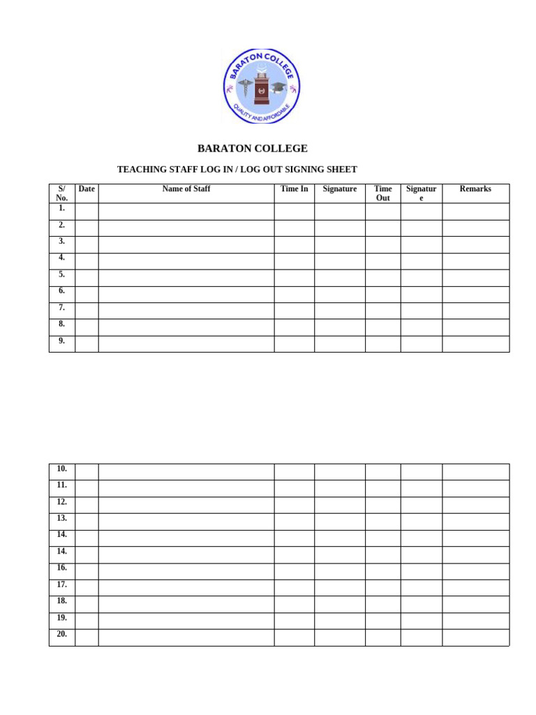 Teaching Staff Log in Log Out Signing Sheet | PDF