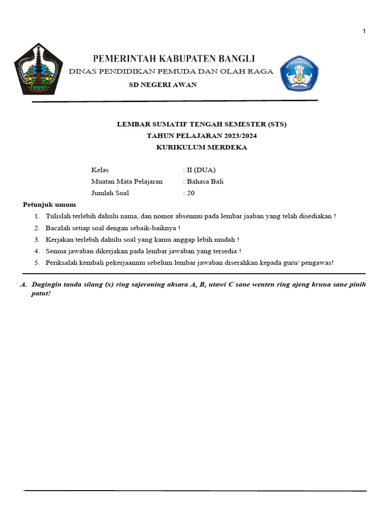 Soal BHS Bali KLS Ii | PDF