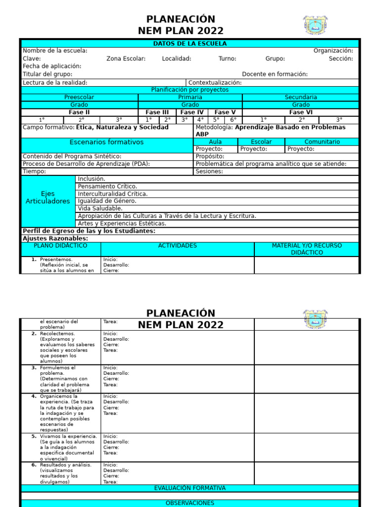 FORMATOS DE PLANEACIÓN NEM 2022 Modificado | PDF | Educación de la primera infancia | Educación ...
