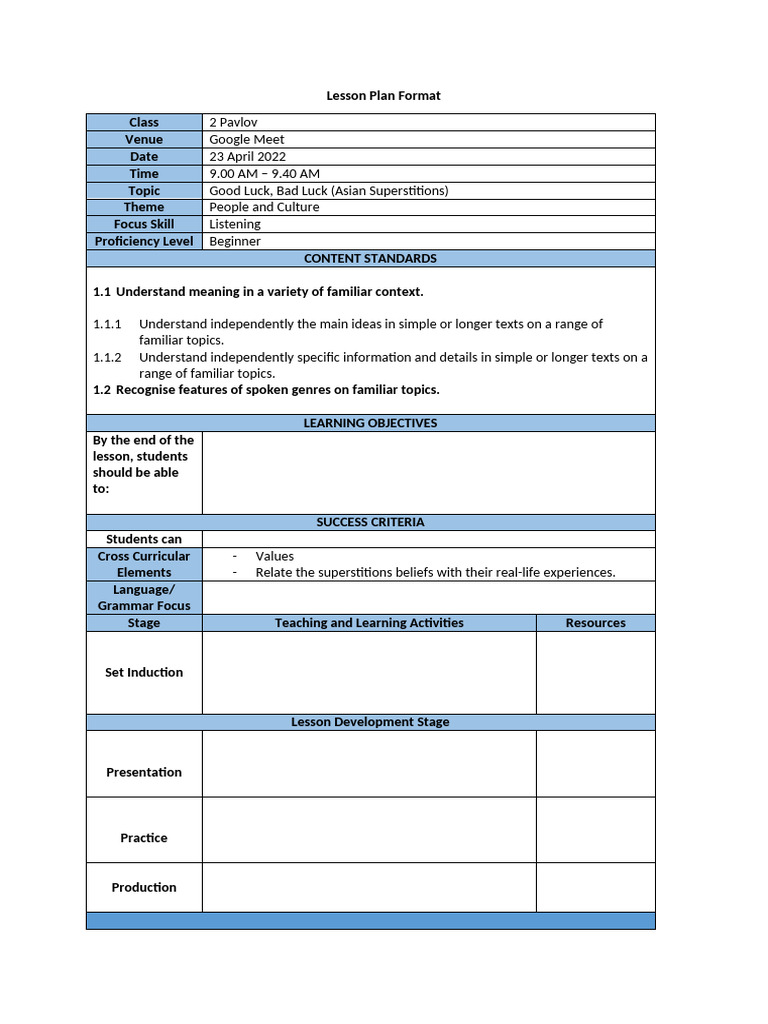 Appendix II - Lesson Plan Template - UBI3253 PE1 | PDF | Lesson Plan | Learning