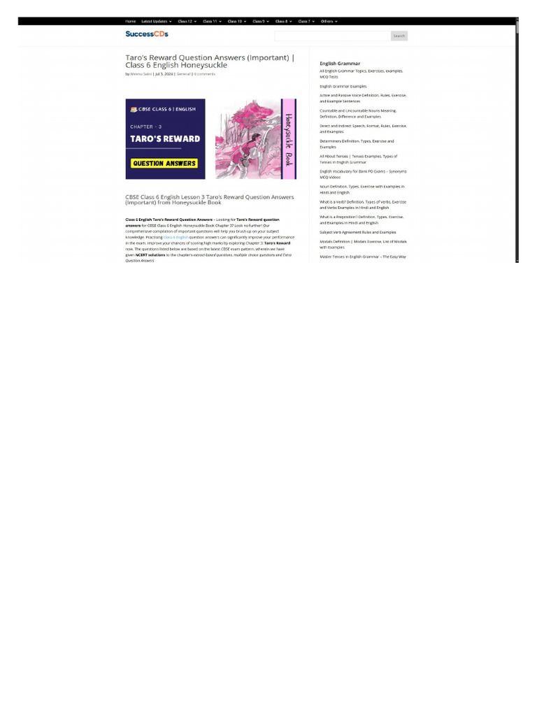 successcds.net-Taros Reward Question Answers Important Class 6 English Honeysuckle-cvscreenshot ...