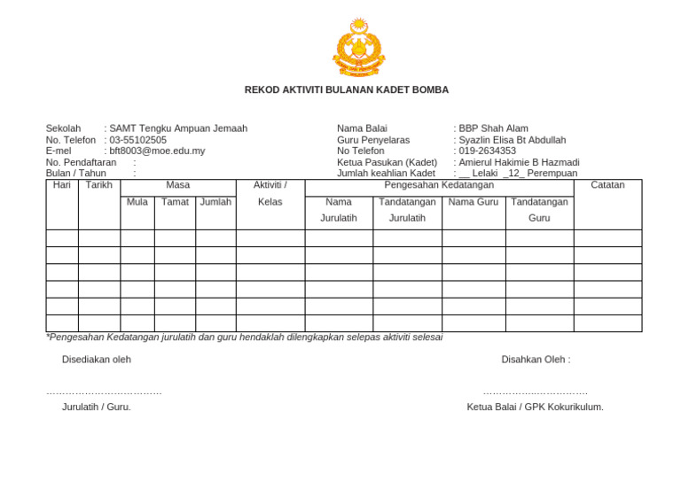 LAMPIRAN (H) - REKOD AKTIVITI BULANAN KADET BOMBA | PDF