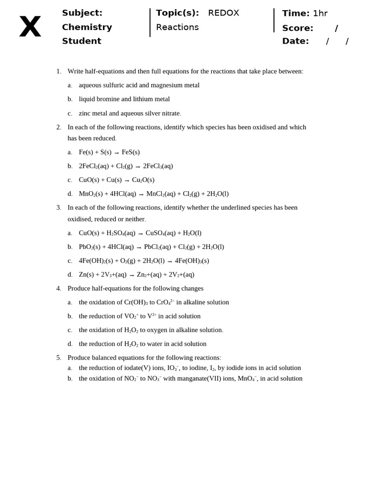 Chemistry A Level RedOx Reactions | PDF
