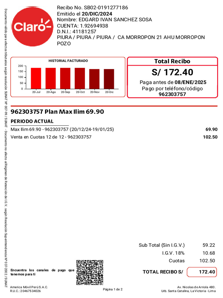 Recibo Claro: Detalles y Pagos 2024 | PDF