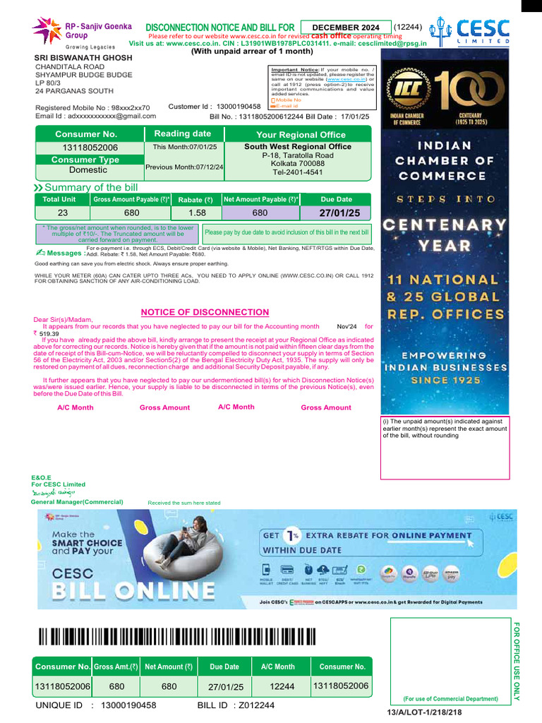 Summary of The Bill: Disconnection Notice and Bill For | PDF | Rebate ...