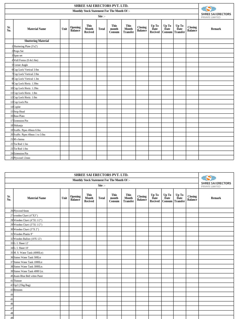 Monthly Stock Statement Formet | PDF | Mechanical Engineering