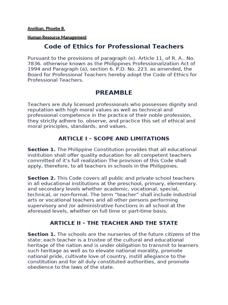 Code of Ethics for Philippine Teachers | PDF | Teachers