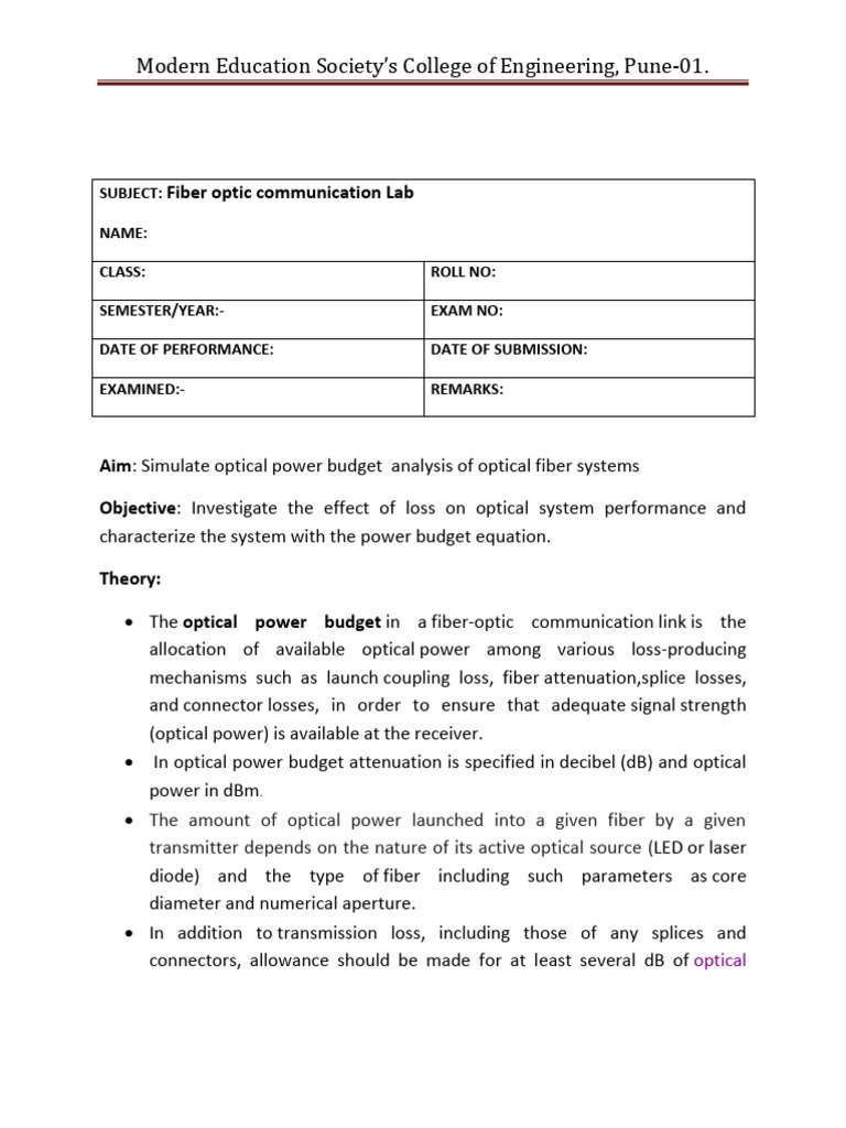 Optical Power Budget - Handout | PDF | Optical Fiber | Fiber Optic ...