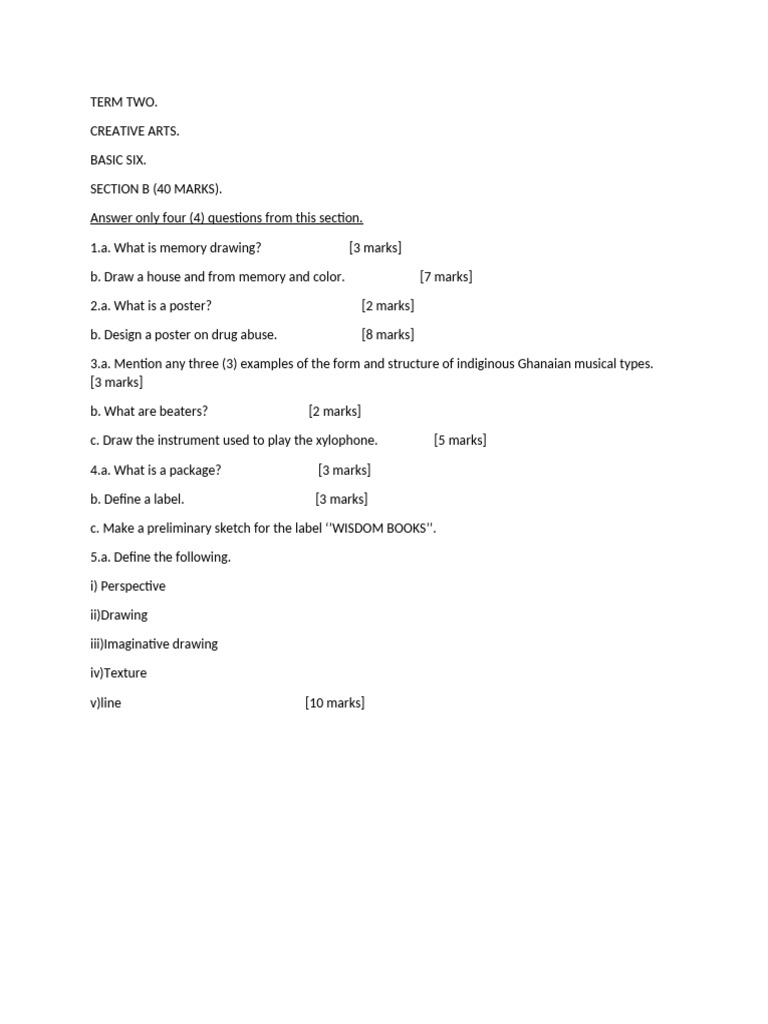 Class Six Creative Arts Questions | PDF