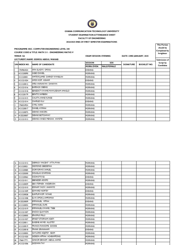 Exam Attendance Sheet for 2024/2025 | PDF
