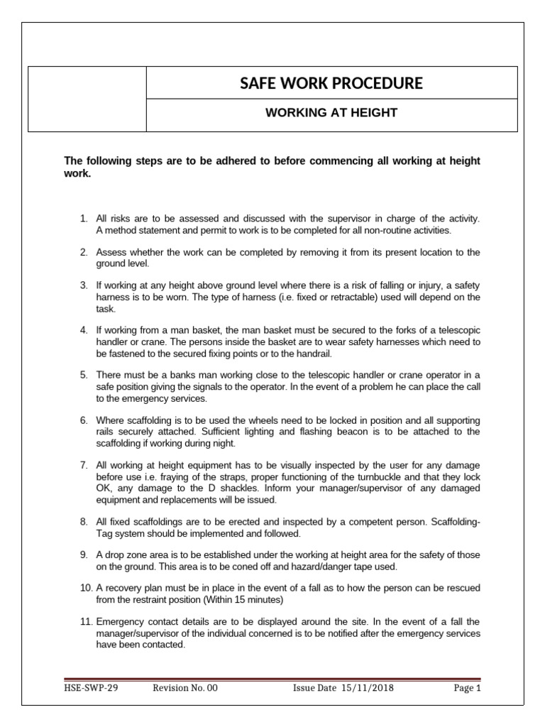 Working at Height Safety Procedures | PDF | Safety | Occupational ...