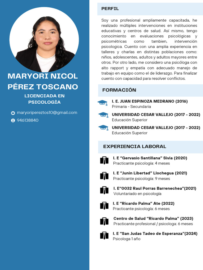 CV-Maryori Nicol Pérez Toscano | PDF | Sicología | Psicoterapia