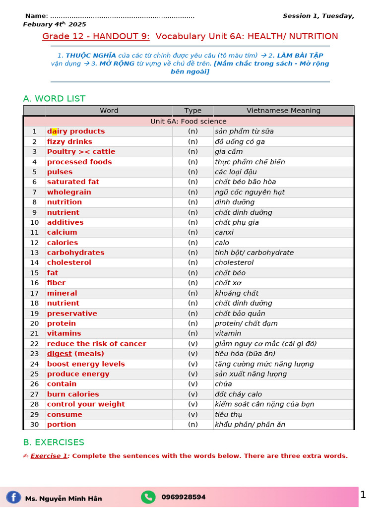 Handout 9 - Vocabulary (Unit 6A) - In-Class | PDF