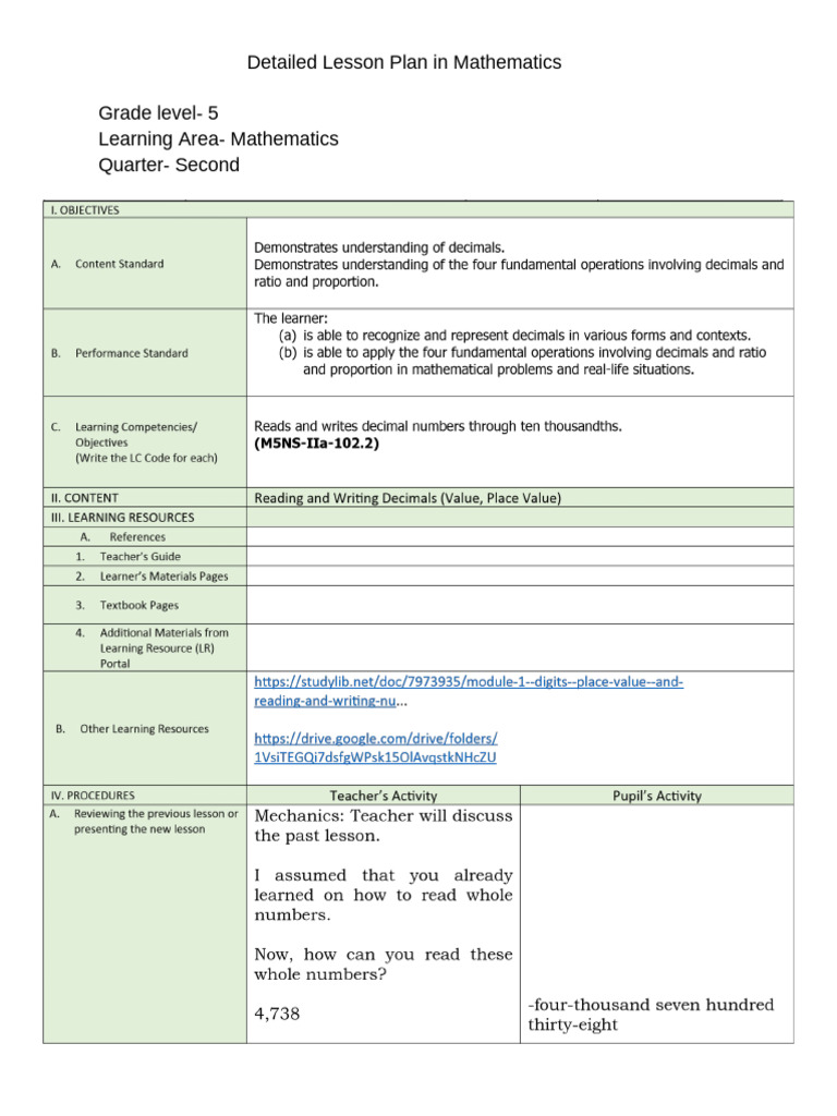 Grade 5 Decimal Numbers Lesson Plan | PDF | Numbers | Lesson Plan