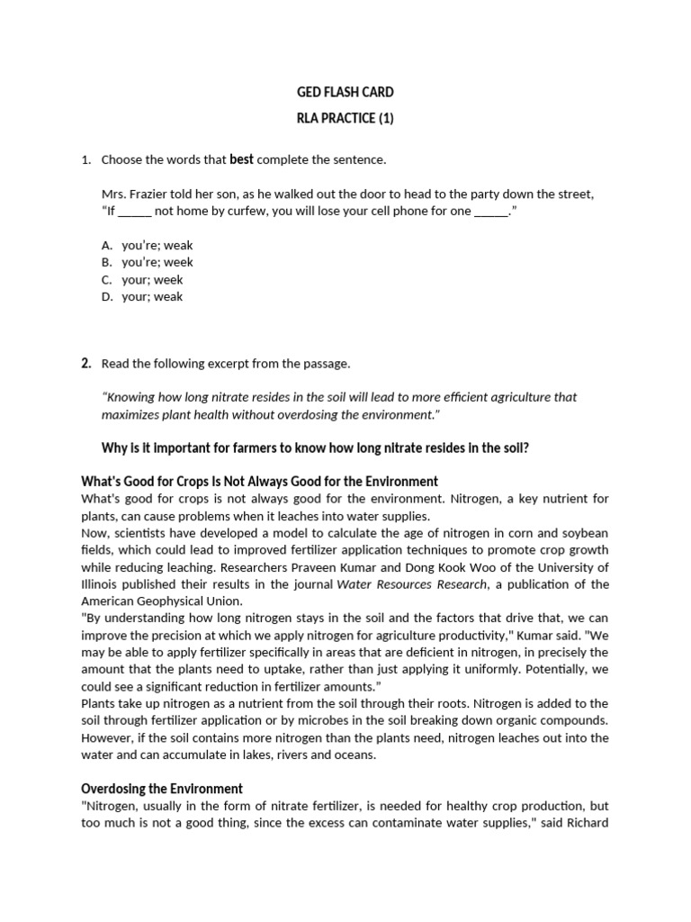 GED RLA Practice Flash Cards | PDF | Fertilizer | Soil