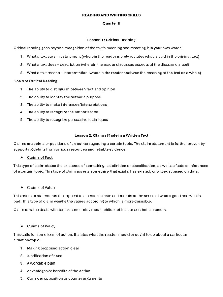 READING-AND-WRITING-SKILLS-Q2 | PDF | Analysis | Information