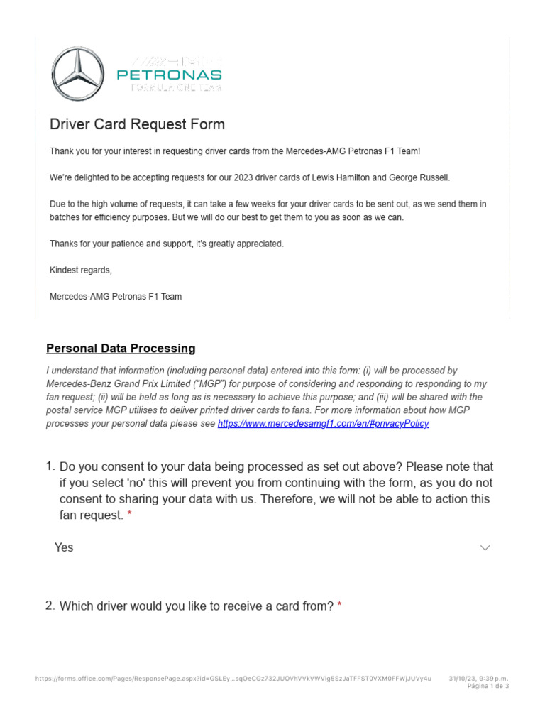Driver Card Request Form | PDF | Formula One | Open Wheel Racing
