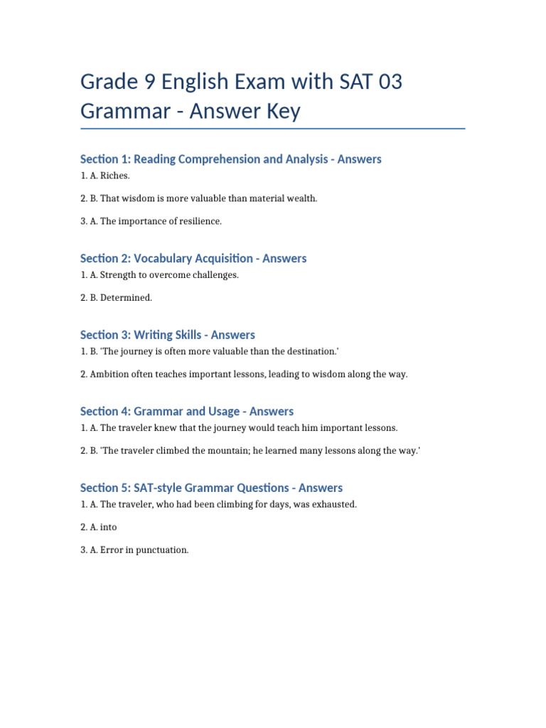 Grade 9 English Exam Answer Key | PDF