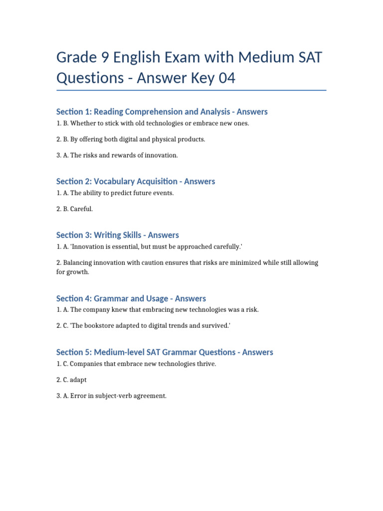 Grade 9 English Exam Answer Key | PDF