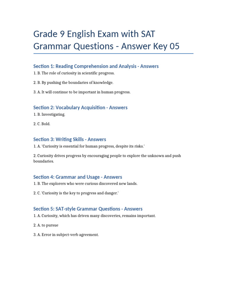 Grade 9 English Exam 05 Answer Key | PDF