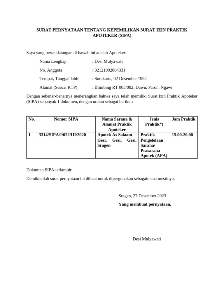 Surat Pernyataan Tentang Kepemilikan Surat Izin Praktik Apoteker | PDF