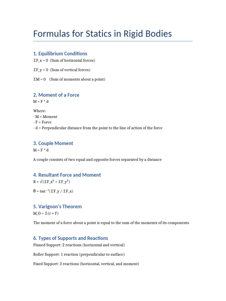 Statics Formulas for Rigid Bodies | PDF