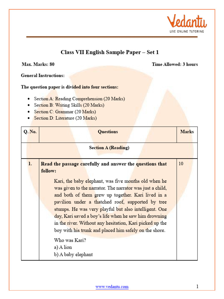 CBSE Class 7 English Sample Paper Set 1 With Solutions FREE PDF | PDF