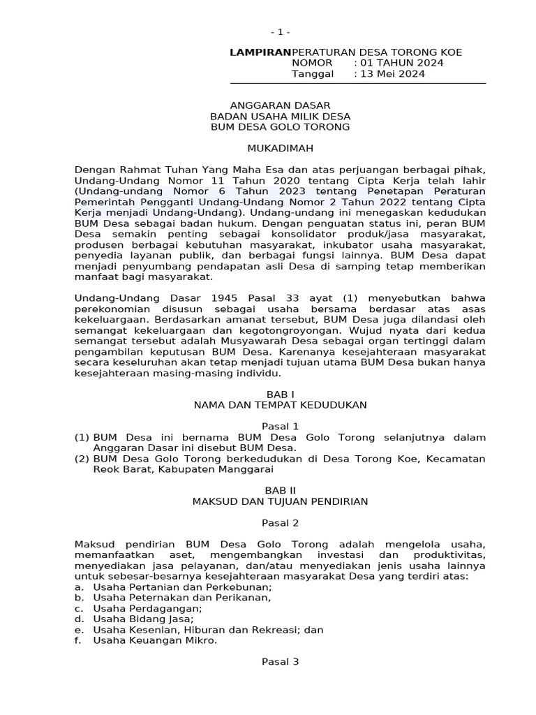 Lampiran Perdes - AD Pendirian BUM Desa Final-1 | PDF