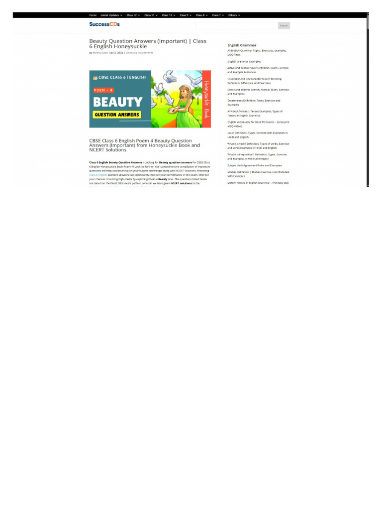 Beauty Question Answers Important Class 6 English Honeysuckle ...