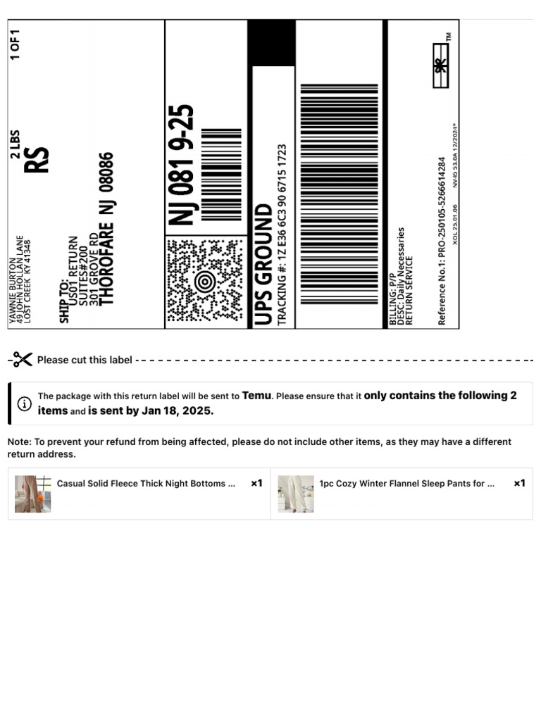 Temu Return Instructions and Label | PDF