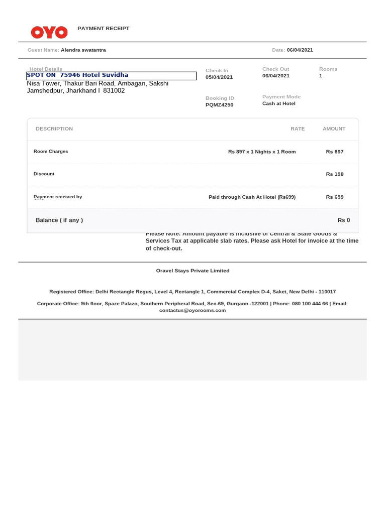 OYO Hotel Payment Receipt Format | PDF